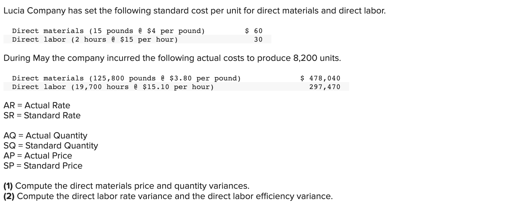 Solved Lucia Company has set the following standard cost per | Chegg.com Solved Lucia Company has set the following standard cost per | Chegg.com