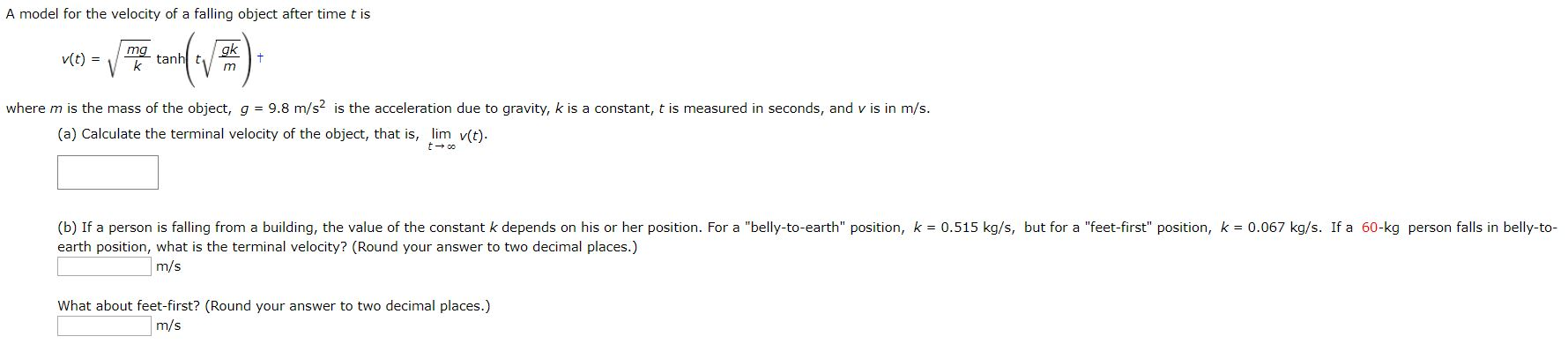 Solved A model for the velocity of a falling object after | Chegg.com