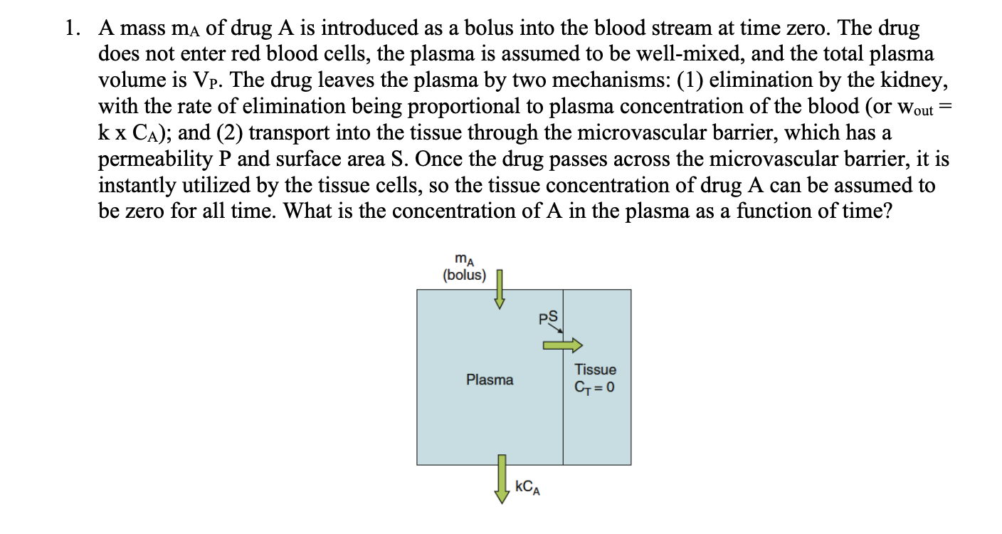 1. A mass mA of drug A is introduced as a bolus into | Chegg.com