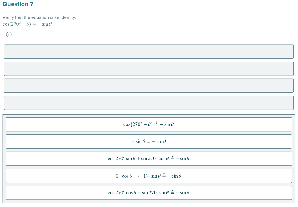 Solved Question 6 Verify that the equation is an identity. | Chegg.com