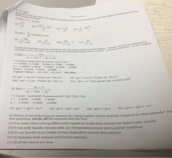 Solved 2. (11 pts) a) and b) Use the tables of Laplace | Chegg.com