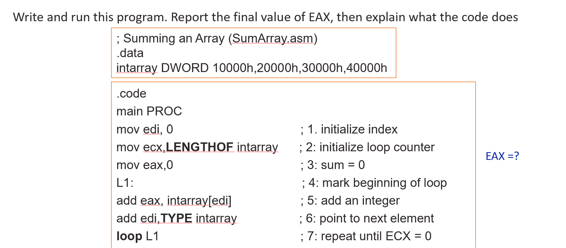 Solved is program. Report the final value of EAX, then | Chegg.com