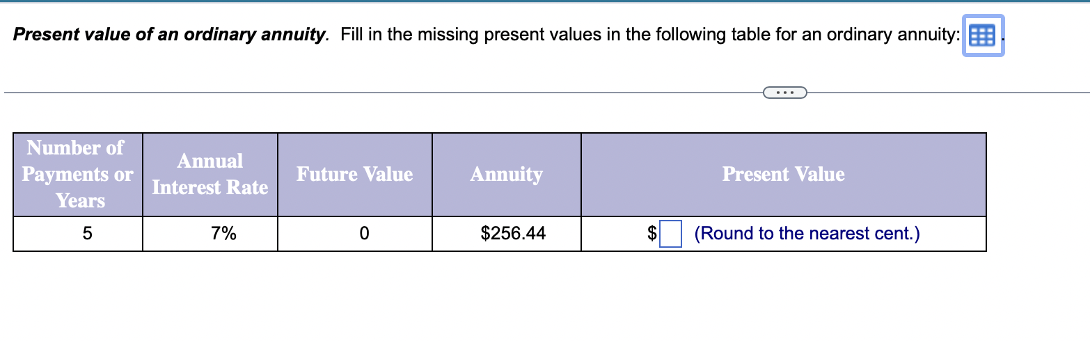 Solved Present value of an ordinary annuity. Fill in the | Chegg.com