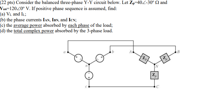 Solved (22 pts) Consider the balanced three-phase Y-Y | Chegg.com