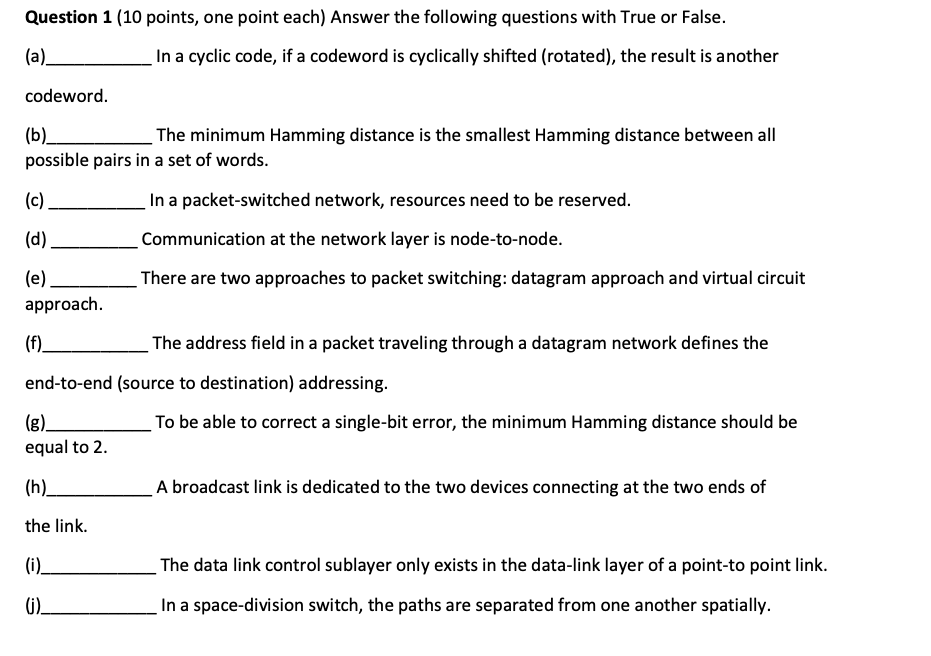 Solved Question 1 (10 points, one point each) Answer the | Chegg.com
