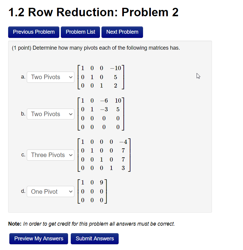 Solved 1.2 Row Reduction: Problem 2 Previous Problem Problem | Chegg.com