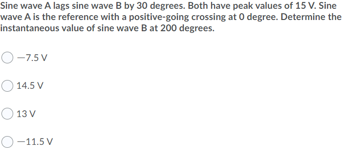 Solved Sine Wave A lags sine wave B by 30 degrees. Both have | Chegg.com