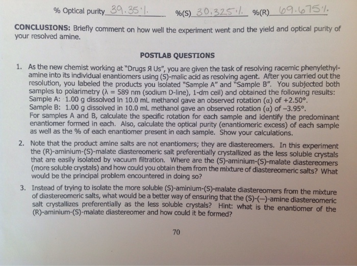Solved % Optical purity 39: 35 : 1: 96(S). CONCLUSIONS: | Chegg.com