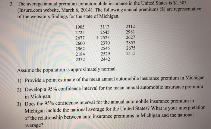 Solved The average annual premium for automobile insurance | Chegg.com