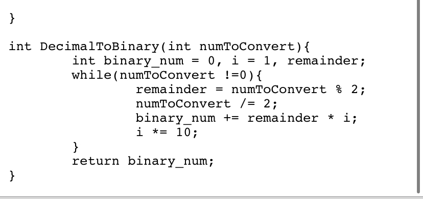 Solved \#include int DecimalToBinary(int); int main(int | Chegg.com