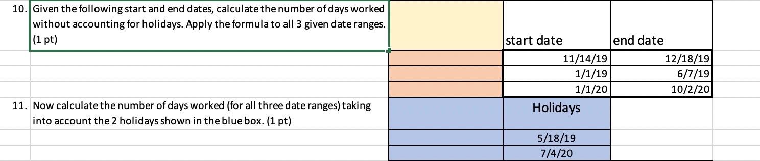 Solved 10. Given the following start and end dates, | Chegg.com