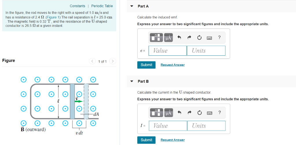 Solved 1) In the figure, the rod moves to the right with a | Chegg.com