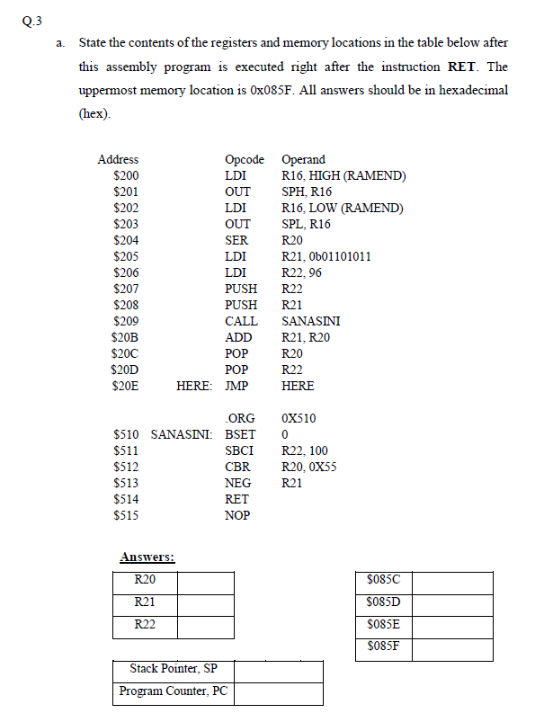 Q.3 a. State the contents of the registers and memory | Chegg.com