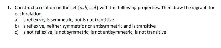 Solved 1. Construct a relation on the set {a,b,c,d} with the | Chegg.com