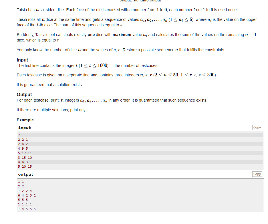 Solved Taisia has n six-sided dice. Each face of the die is | Chegg.com