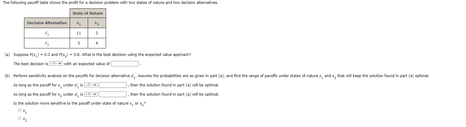 Solved The following payoff table shows the profit for a | Chegg.com