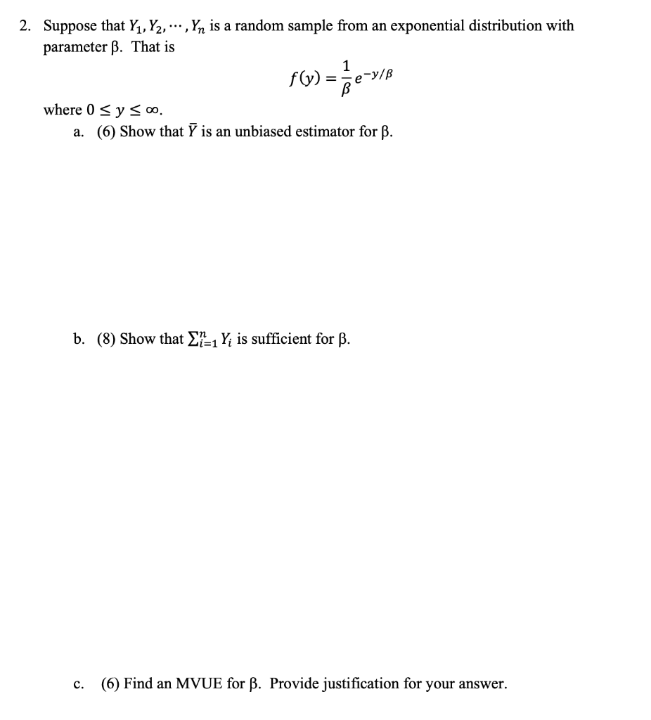 Solved 2. Suppose that Yı, Y2, .-. , Yn is a random sample | Chegg.com