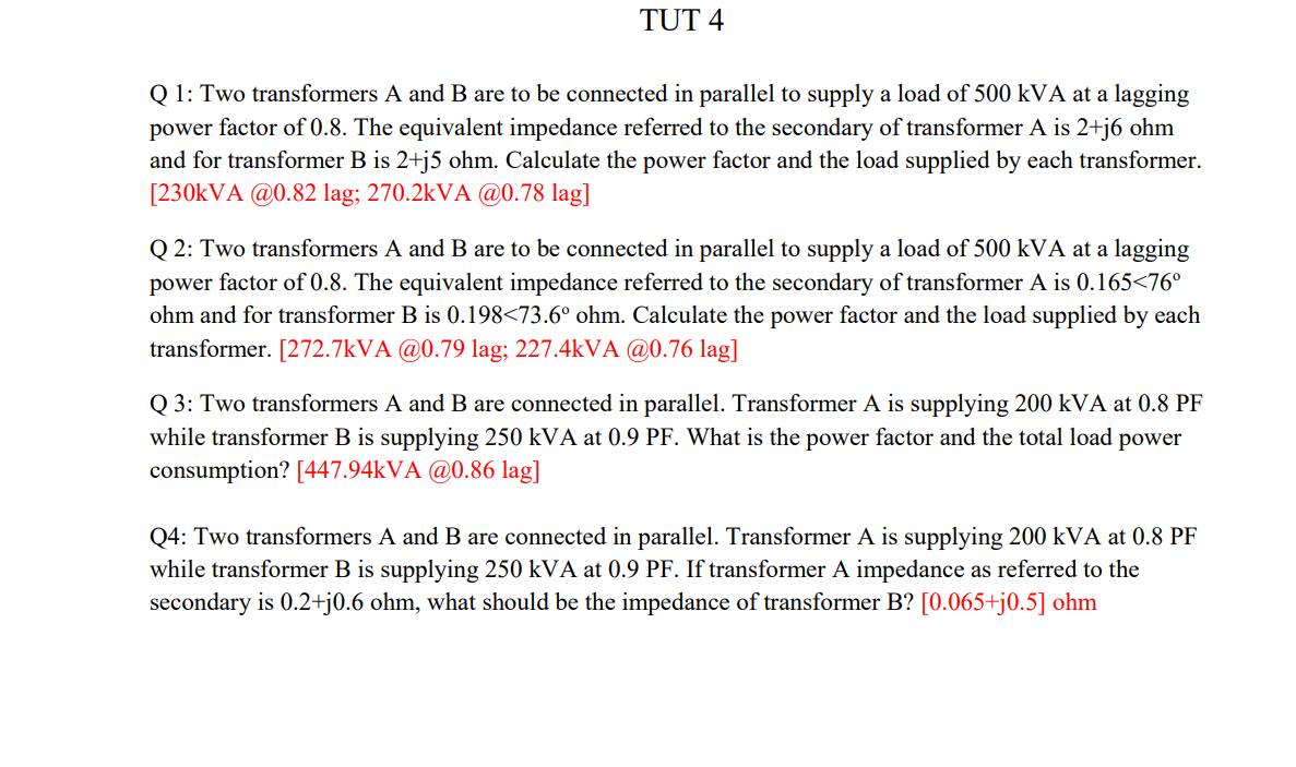 Solved TUT 4 Q1: Two transformers A and B are to be | Chegg.com