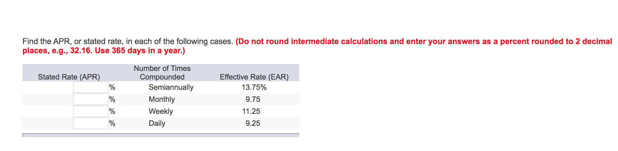 Solved Find the APR, or stated rate, in each of the | Chegg.com