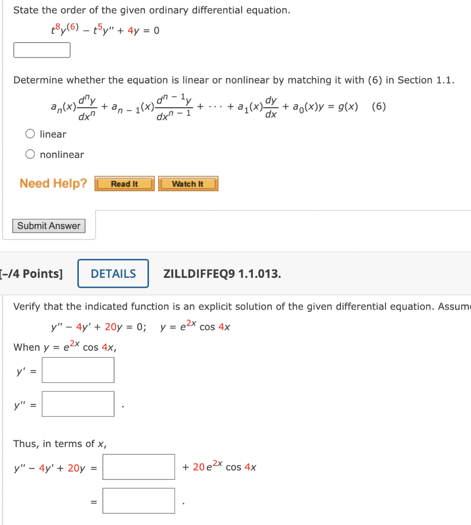 Solved State the order of the given ordinary differential | Chegg.com