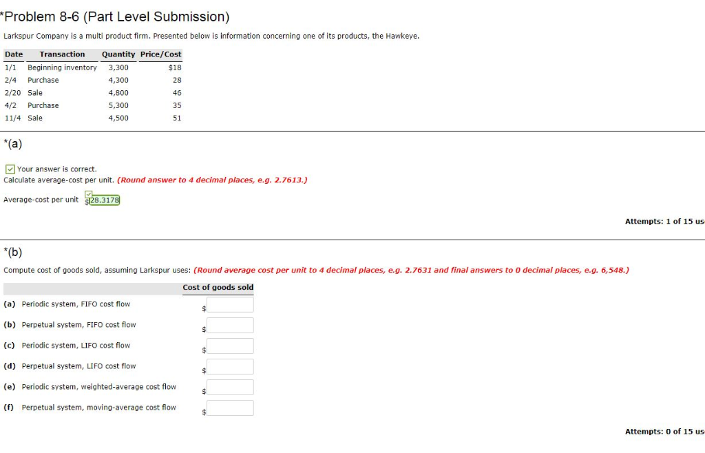 Solved "Problem 8-6 (Part Level Submission) Larkspur Company | Chegg.com