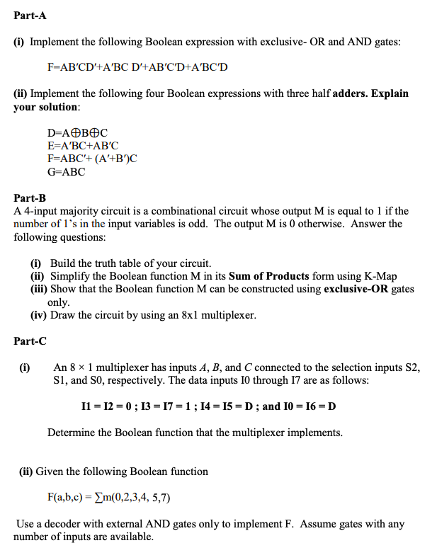 Solved Part-A (i) Implement the following Boolean expression | Chegg.com
