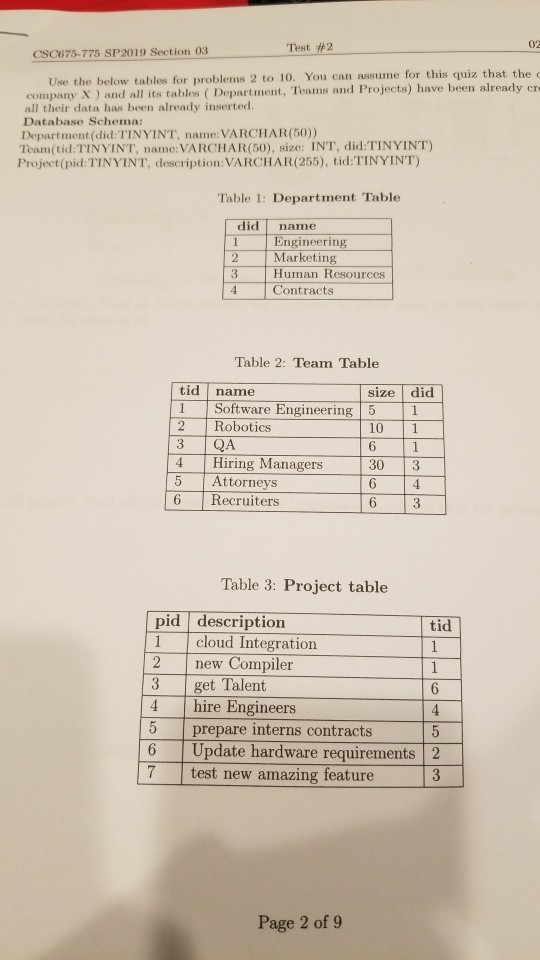 Solved Test #2 02 CSC675-775 SP 2019 Section 03 Use the | Chegg.com