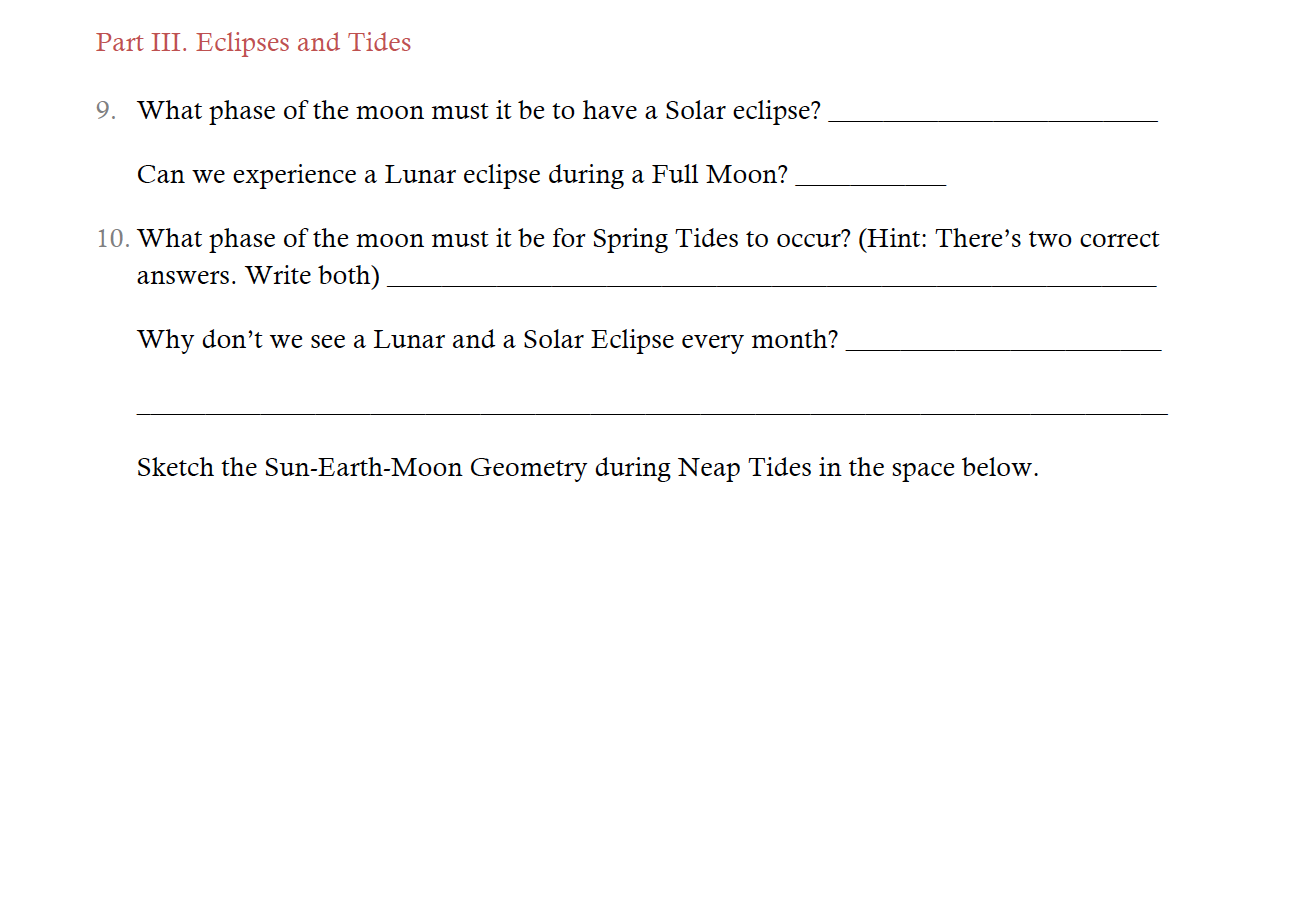 Solved Part III. Eclipses and Tides 9. What phase of the | Chegg.com