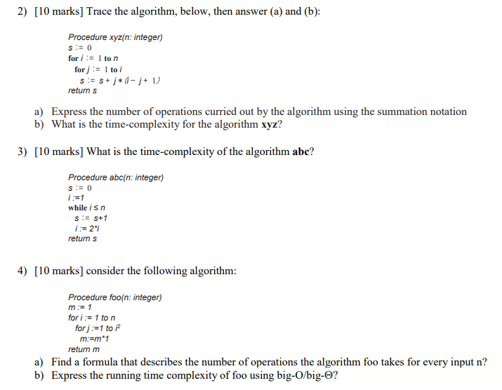 Solved 2) [10 marks] Trace the algorithm, below, then answer | Chegg.com