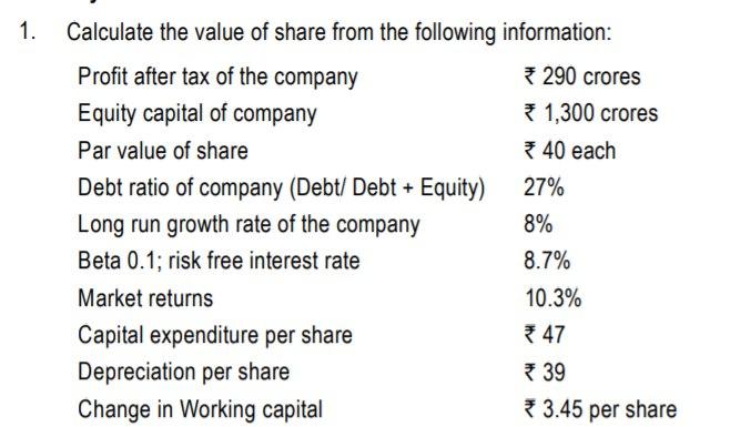 Solved 1. Calculate the value of share from the following | Chegg.com