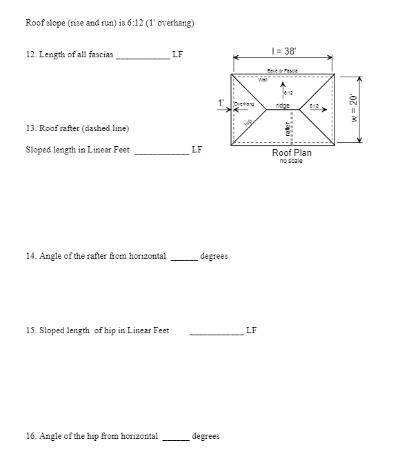 Solved Roof slope (rise and run) is 6:12 (1' overhang) 12. | Chegg.com