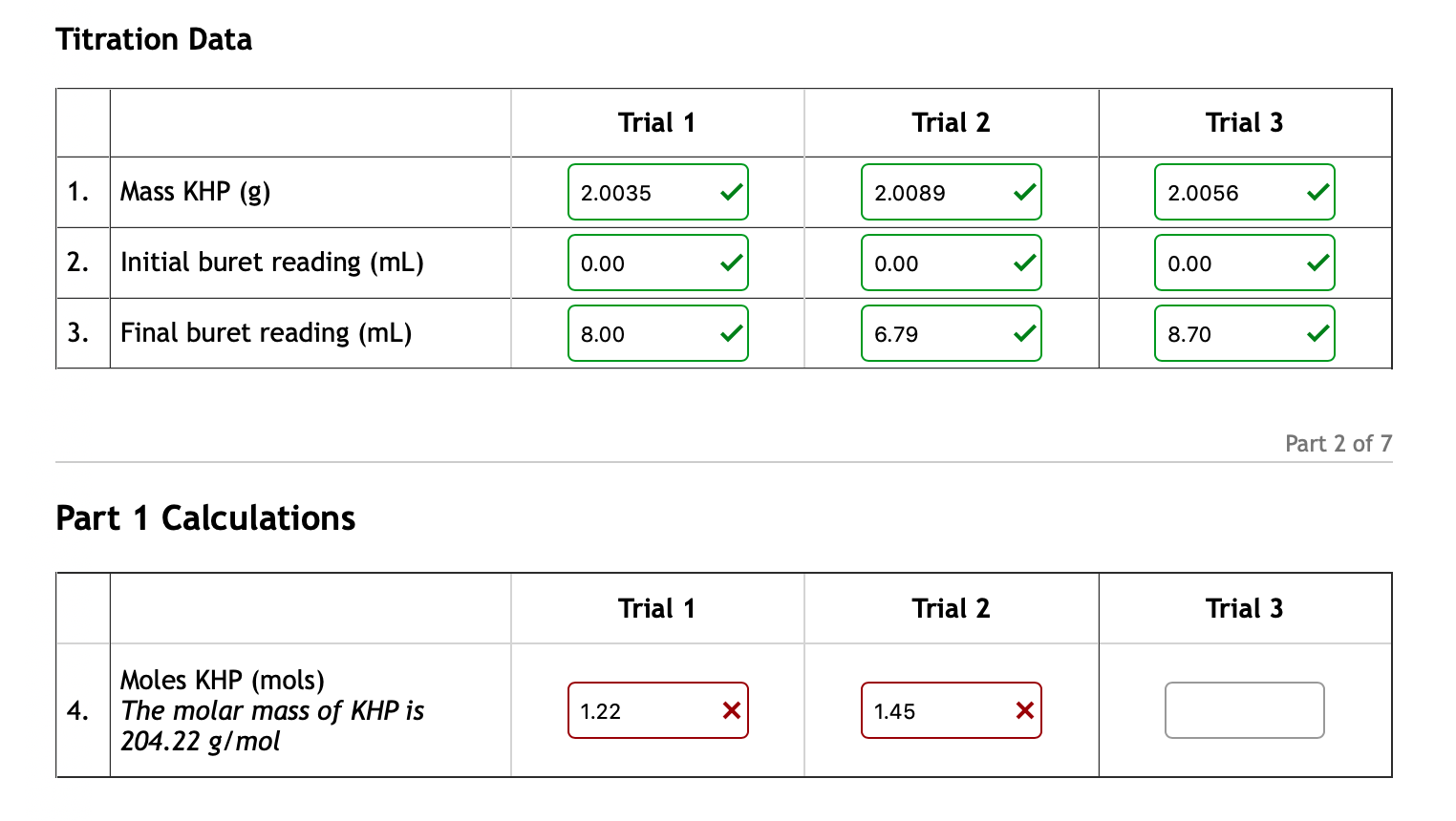 Solved Titration Data Trial 1 Trial 2 Trial 3 1. Mass KHP | Chegg.com