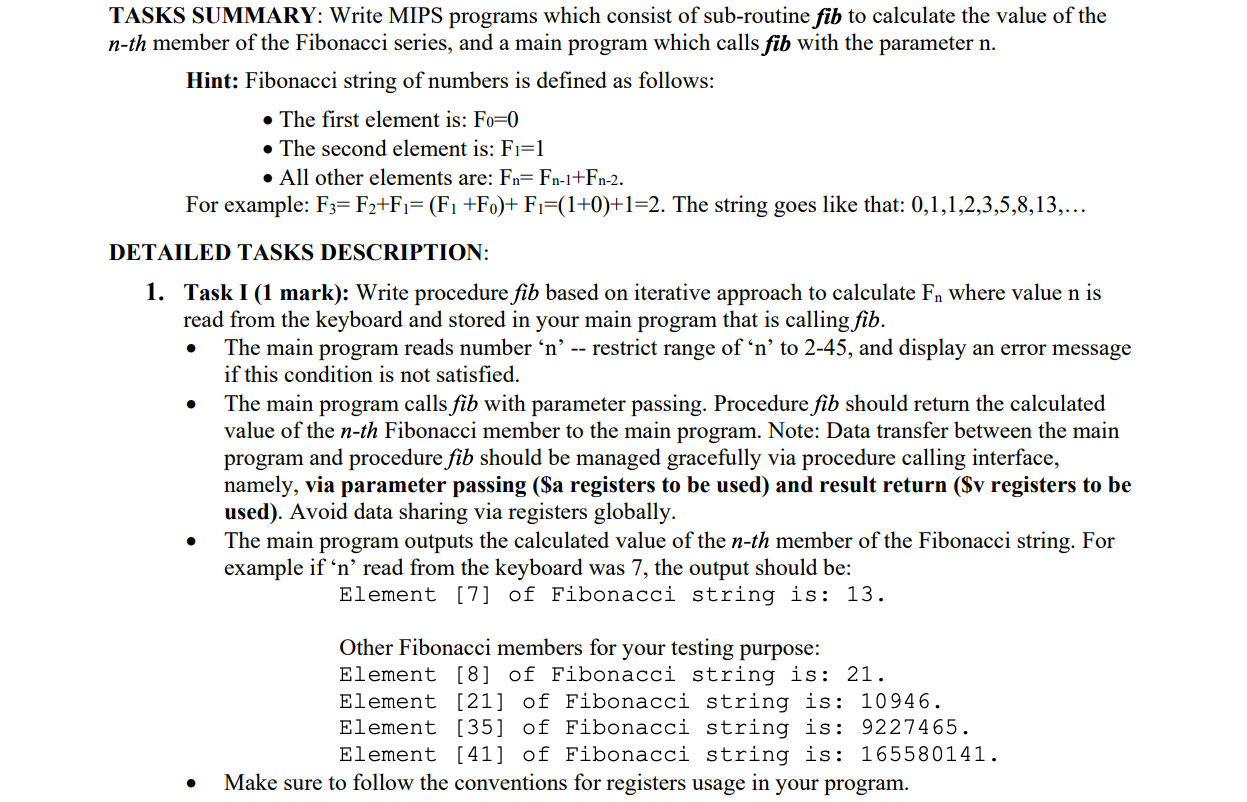 Solved TASKS SUMMARY: Write MIPS programs which consist of | Chegg.com