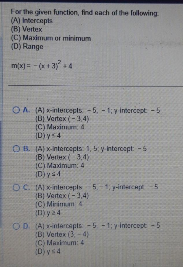 Solved For the given function, find each of the following: | Chegg.com