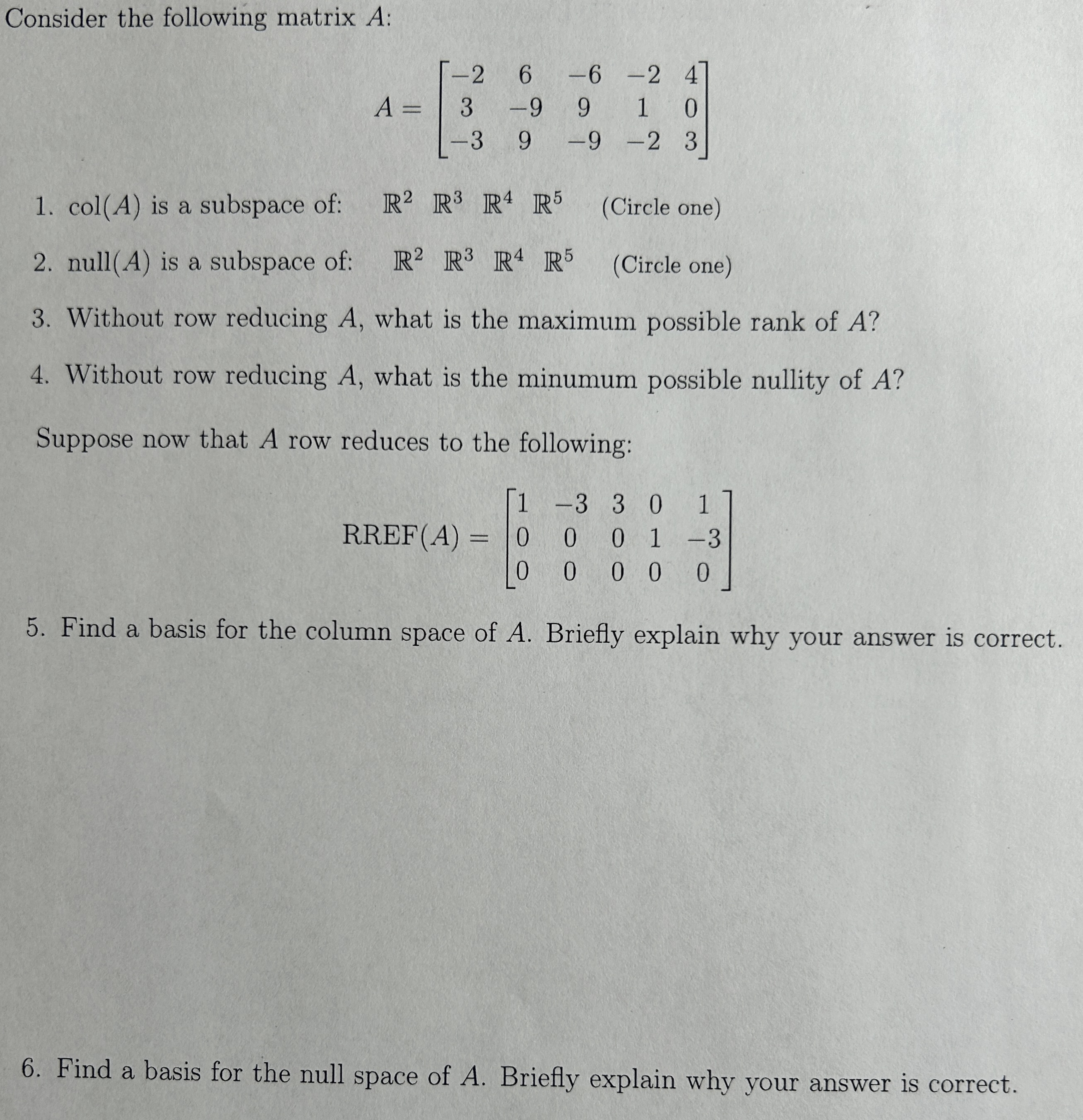Solved Consider the following matrix A : | Chegg.com