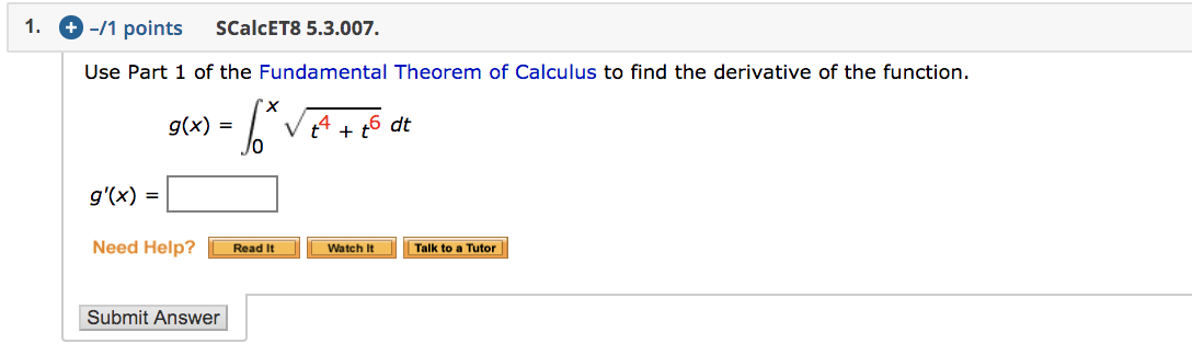 Solved 1. -/1 points SCalcET8 5.3.007. Use Part 1 of the | Chegg.com