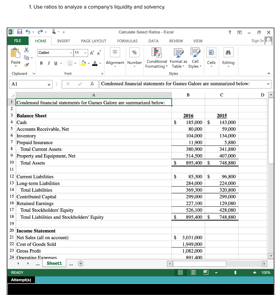 Solved XI 5 X Calculate Select Ratios - Excel FORMULAS DATA | Chegg.com