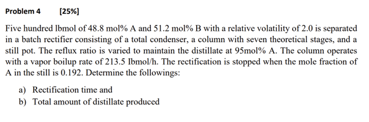Solved Problem 4[25%]Five hundred lbmol of 48.8mol%A and | Chegg.com