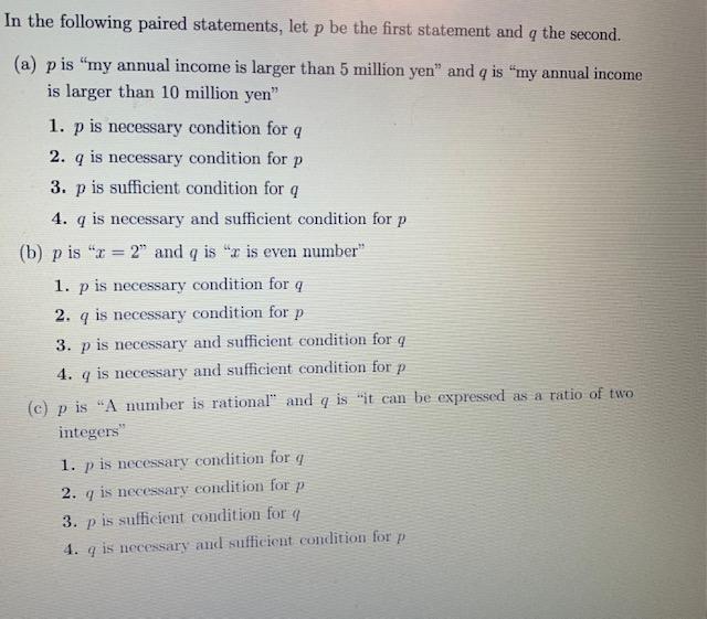 Solved In the following paired statements, let p be the | Chegg.com