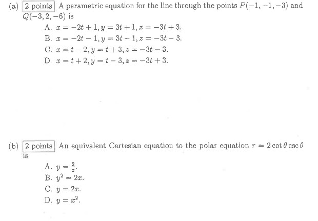 Solved (a) 2 points A parametric equation for the line | Chegg.com