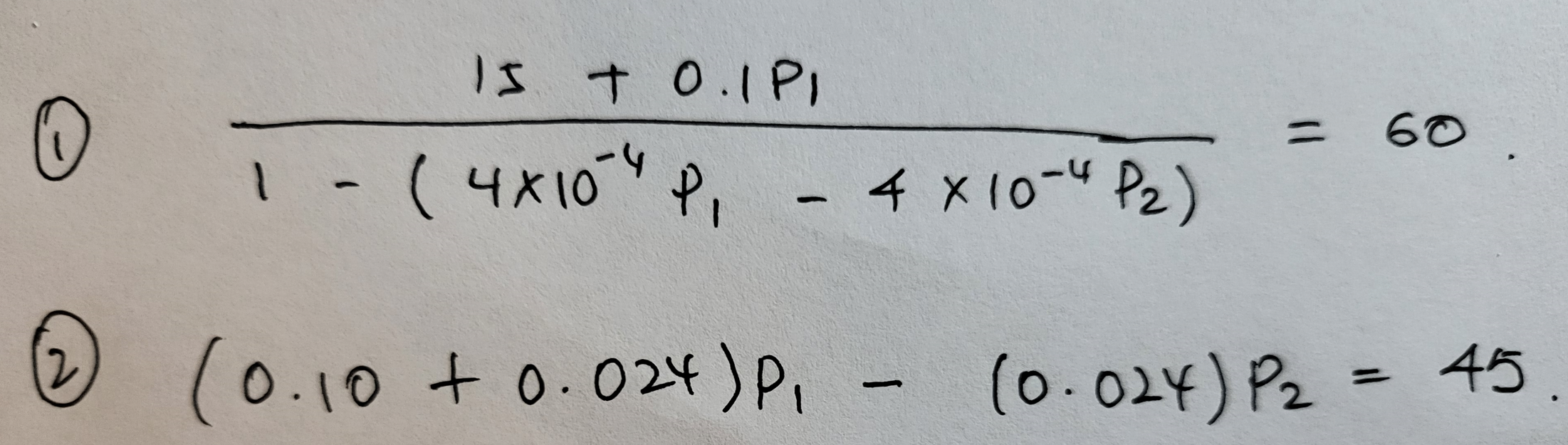 Solved (1) 1−(4×10−4P1−4×10−4P2)15+0.1P1=60. (2) | Chegg.com