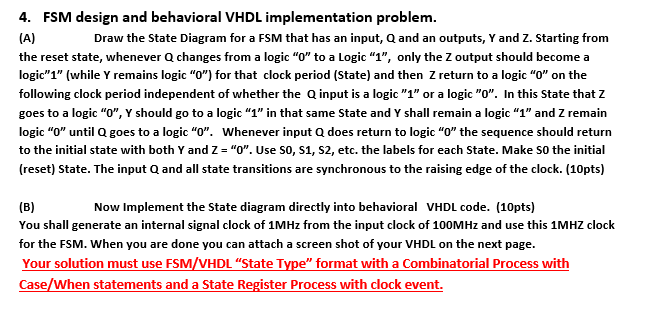 4. FSM design and behavioral VHDL implementation | Chegg.com