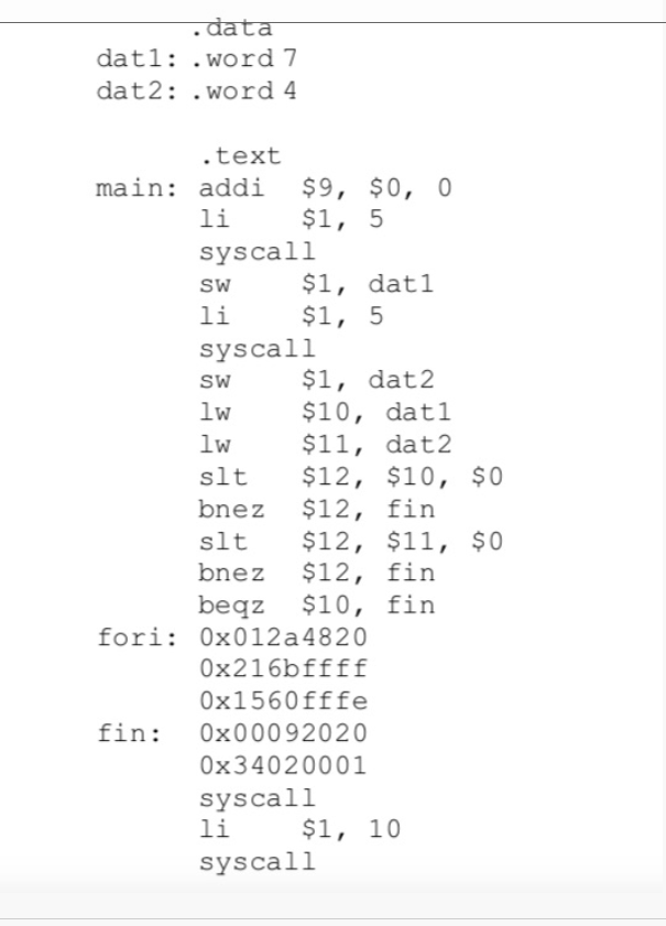 . data dat1: .word 7 dat2: .word 4 .text main: addi | Chegg.com