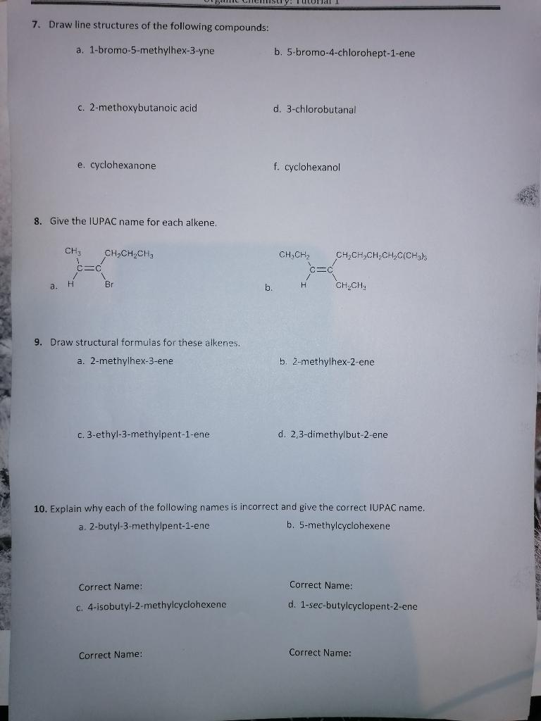Solved 2 Tutorial 1 7. Draw line structures of the following | Chegg.com