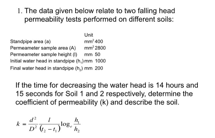 Solved 1. The data given below relate to two falling head | Chegg.com