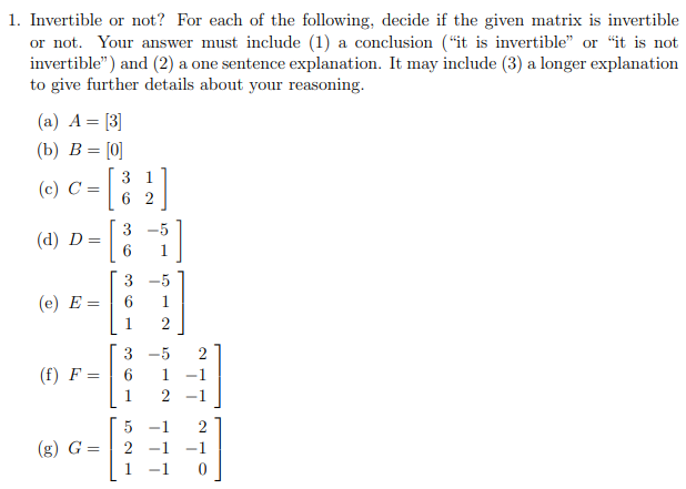 Solved 1. Invertible or not? For each of the following, | Chegg.com