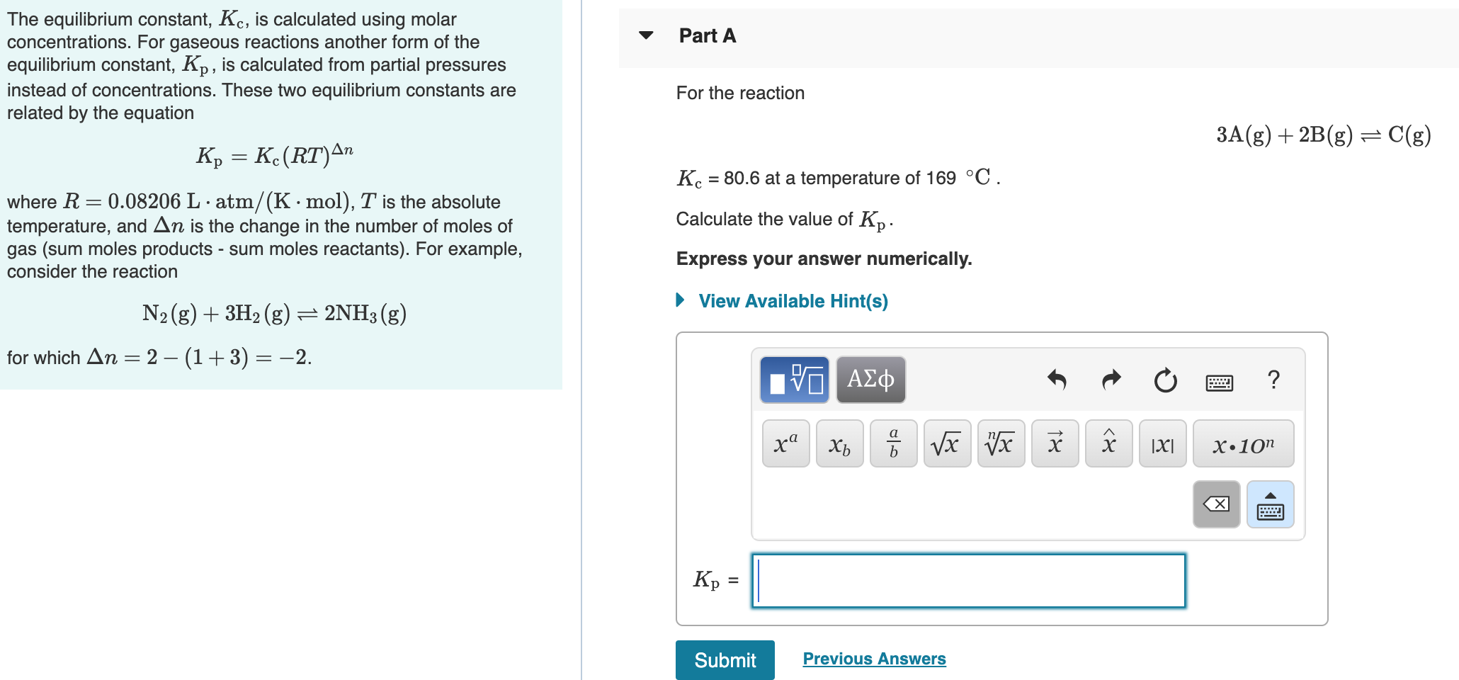 Solved Part A The equilibrium constant, Kc, is calculated | Chegg.com