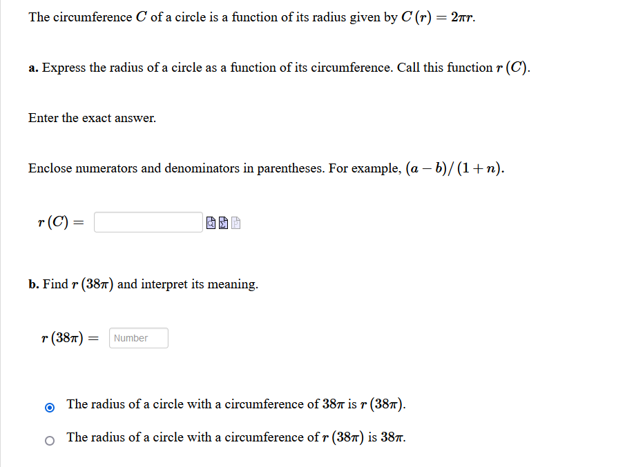 Solved The circumference C of a circle is a function of its | Chegg.com