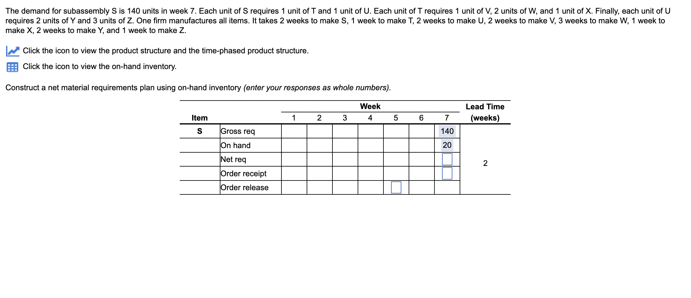 Solved The demand for subassembly S is 140 units in week 7 . | Chegg.com
