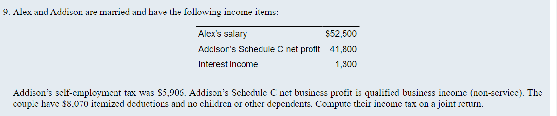 Solved 9. Alex and Addison are married and have the | Chegg.com
